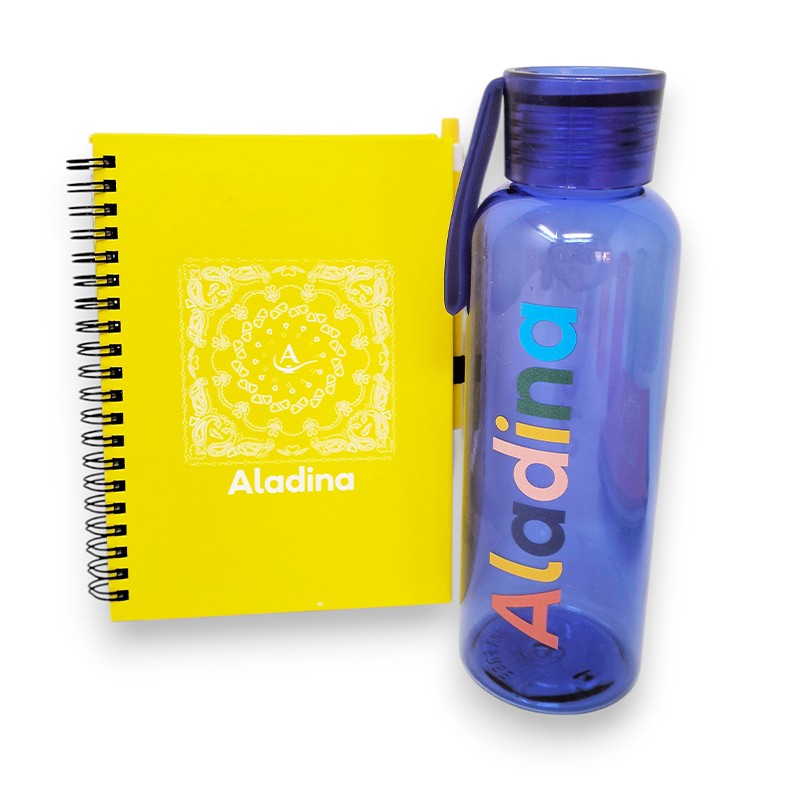 Pack libreta con boli + botella de colores
