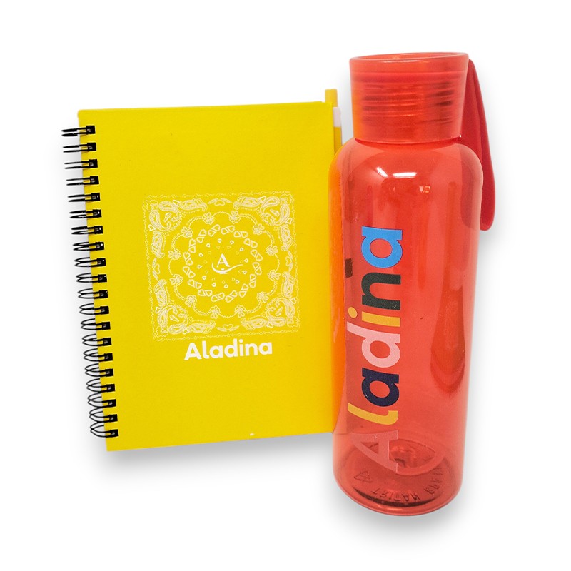 Pack libreta con boli + botella de colores